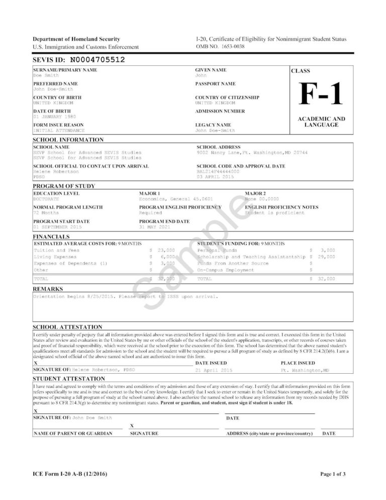 Sample I20 from University in USA - Old and New Format - 3 Pages